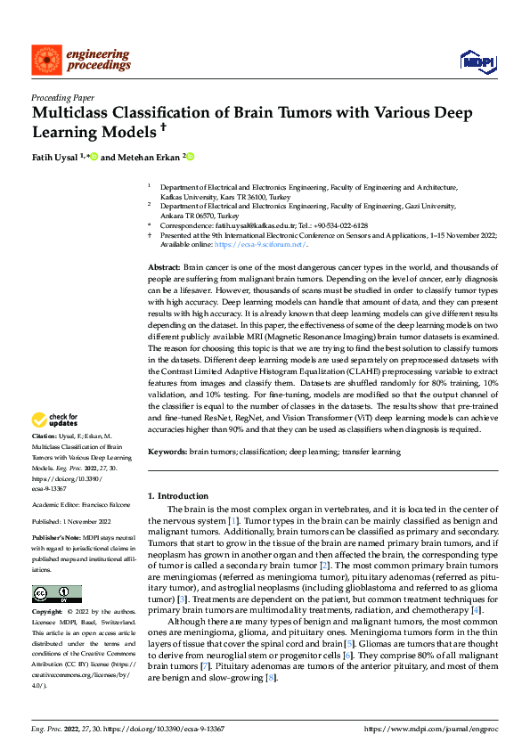 (PDF) Multiclass Classification of Brain Tumors with Various Deep Learning Models | Fatih Uysal ...