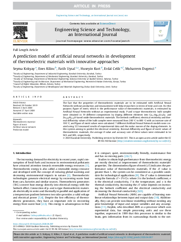 Pdf A Prediction Model Of Artificial Neural Networks In Development Of Thermoelectric