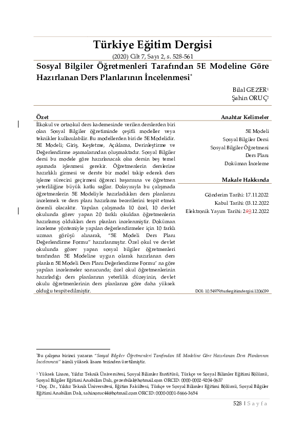 (PDF) Sosyal Bilgiler Öğretmenleri Tarafından 5E Modeline Göre Hazırlanan Ders Planlarının ...