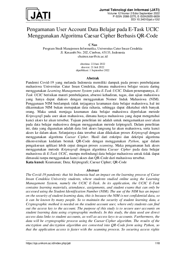 Pdf Pengamanan User Account Data Belajar Pada E Task Ucic Menggunakan Algoritma Caesar Cipher