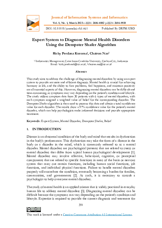 (PDF) Expert System to Diagnose Mental Health Disorders Using the ...