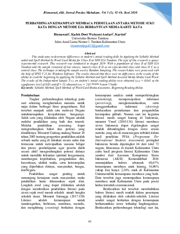 (PDF) Perbandingan Kemampuan Membaca Permulaan Antara Metode Suku Kata ...