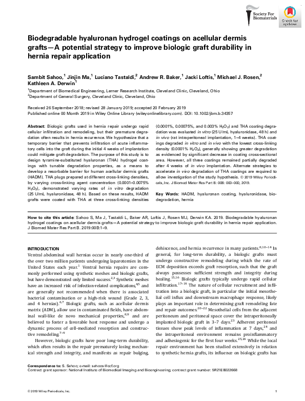 (PDF) Biodegradable hyaluronan hydrogel coatings on acellular dermis ...