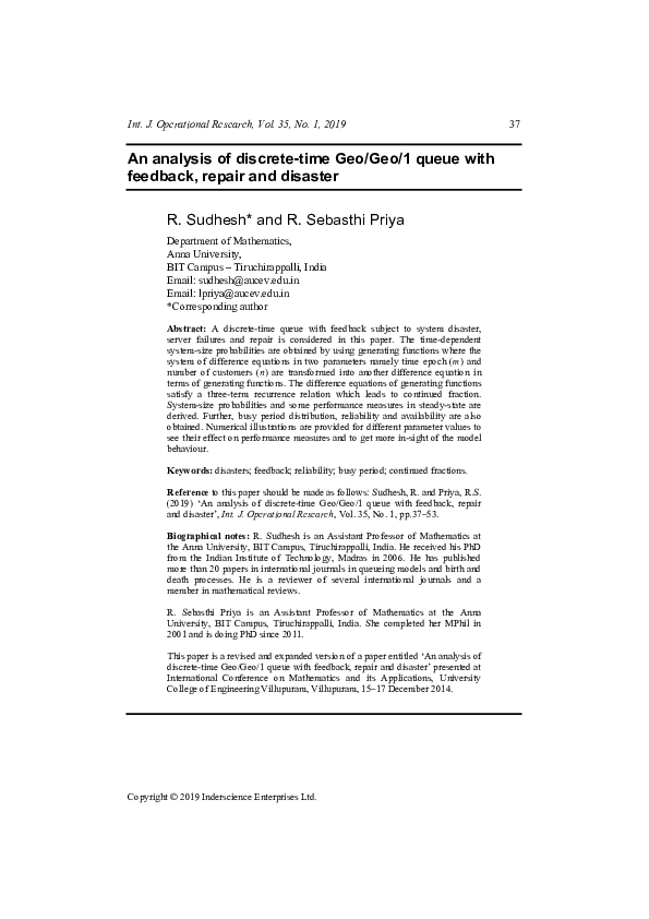 (PDF) An analysis of discrete-time Geo/Geo/1 queue with feedback, repair and disaster