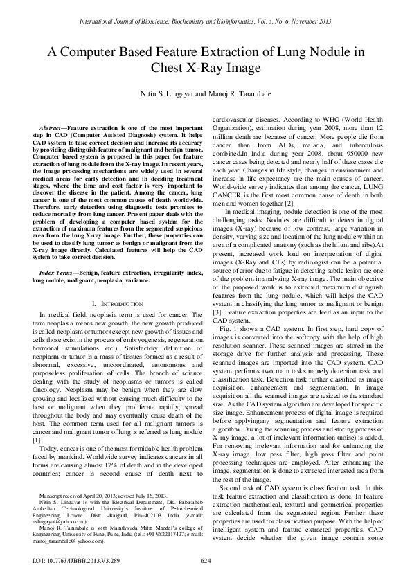 Pdf A Computer Based Feature Extraction Of Lung Nodule In Chest X Ray Image