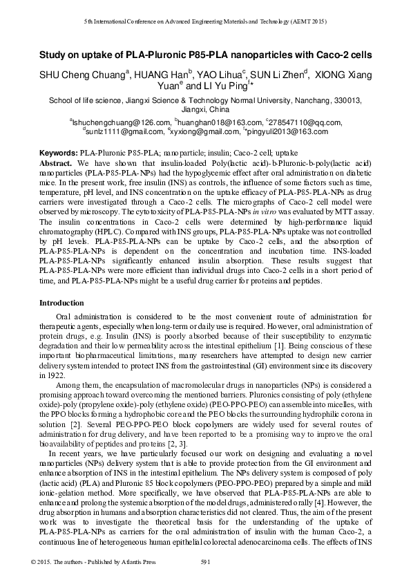 (PDF) Study on uptake of PLA-Pluronic P85-PLA nanoparticles with Caco-2 ...