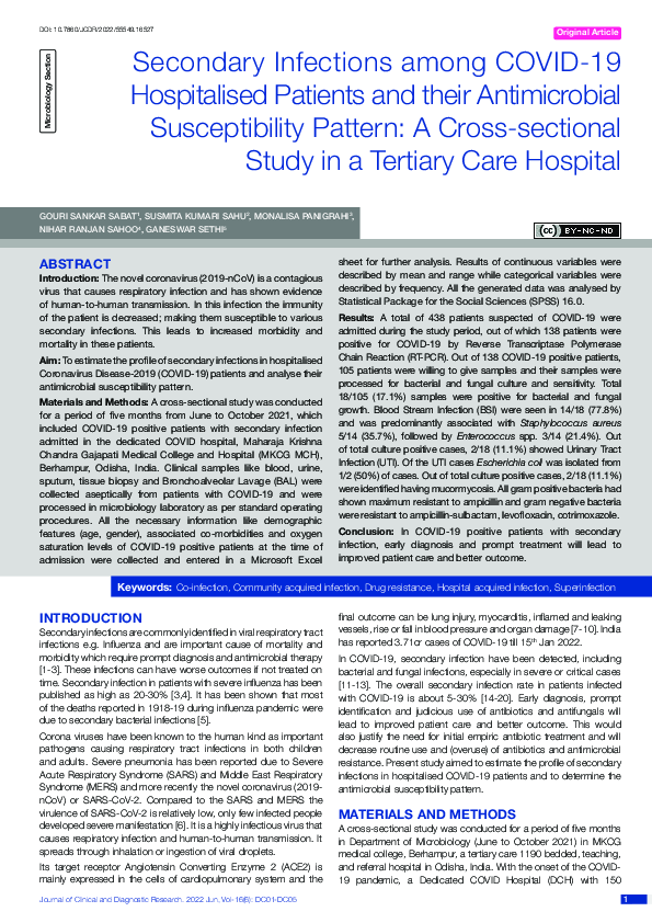 (PDF) Secondary Infections among COVID-19 Hospitalised Patients and ...