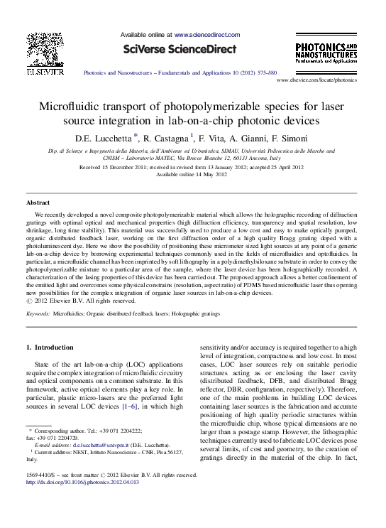 (PDF) Microfluidic transport of photopolymerizable species for laser source integration in lab ...