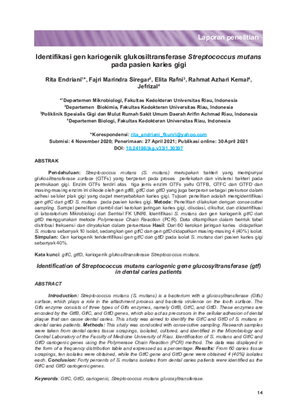 (PDF) Identifikasi gen kariogenik glukosiltransferase Streptococcus mutans pada pasien karies ...