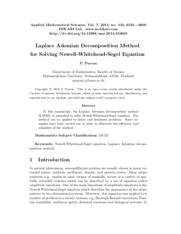 (PDF) Laplace Adomian decomposition method for solving Newell-Whitehead-Segel equation