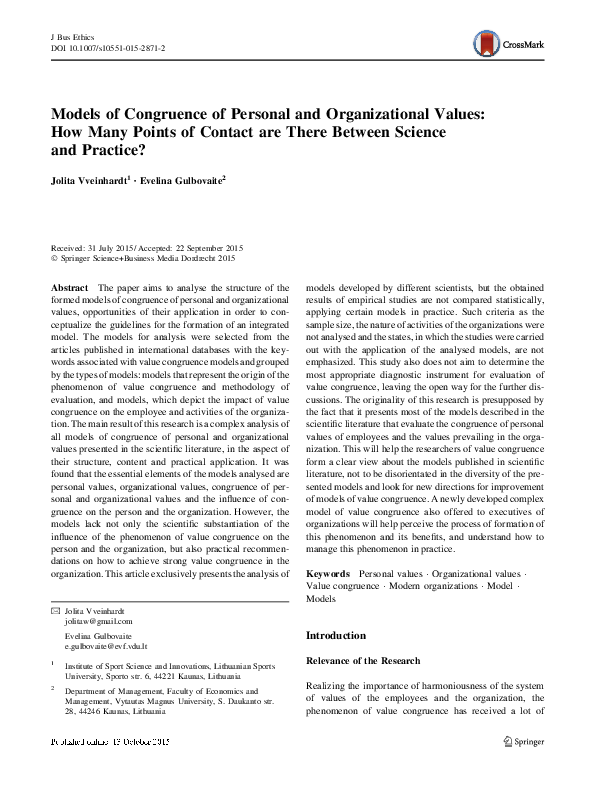 (PDF) Models of Congruence of Personal and Organizational Values: How ...