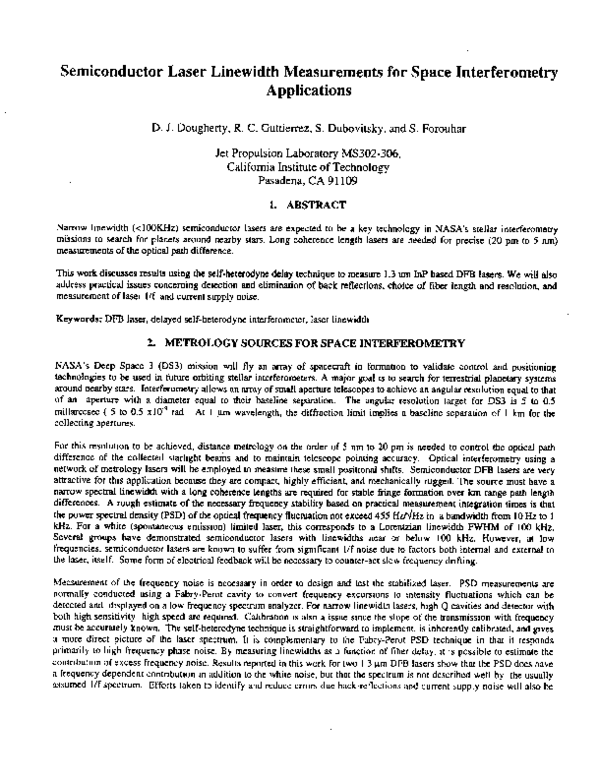 Semiconductor laser linewidth measurements for space interferometry applications