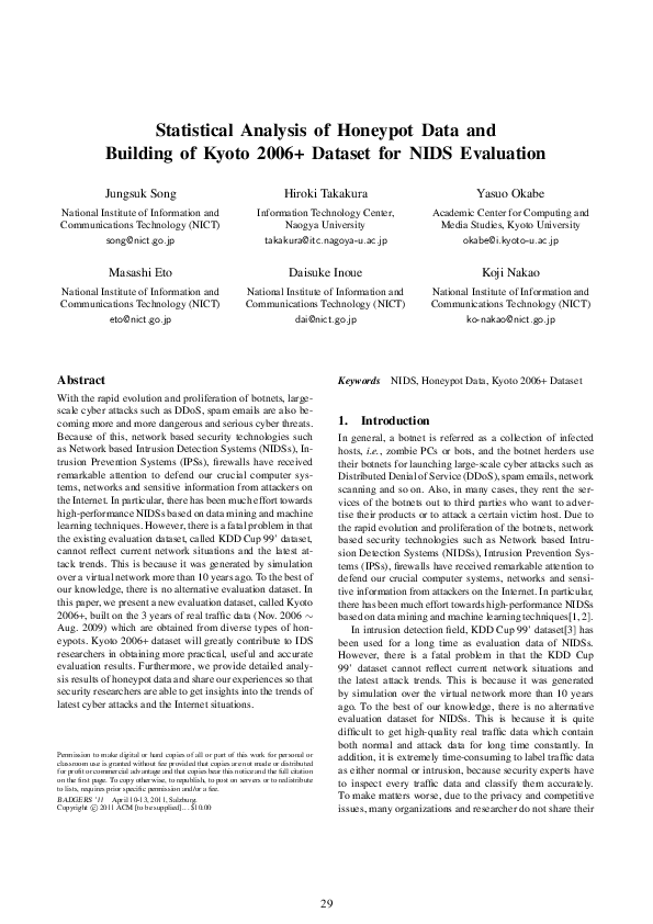 (PDF) Statistical analysis of honeypot data and building of Kyoto 2006+ dataset for NIDS evaluation