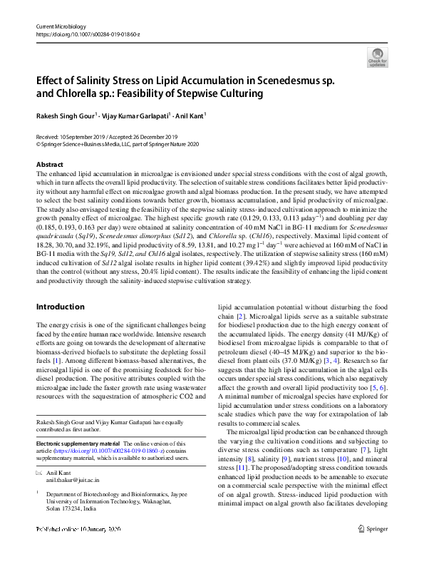 (PDF) Effect of Salinity Stress on Lipid Accumulation in Scenedesmus sp. and Chlorella sp ...