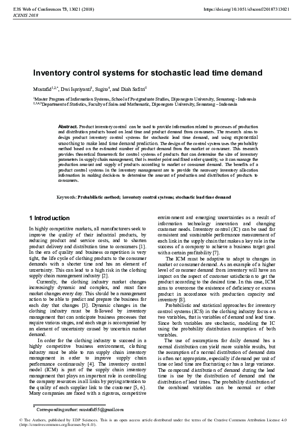 (PDF) Inventory control systems for stochastic lead time demand | diah safitri - Academia.edu