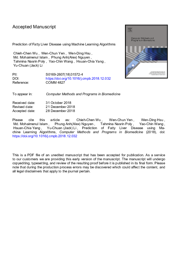 Pdf Prediction Of Fatty Liver Disease Using Machine Learning Algorithms 