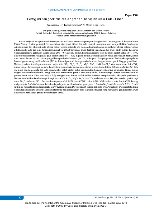 (PDF) Abstract: Petrografi dan geokimia batuan granit di bahagian utara ...