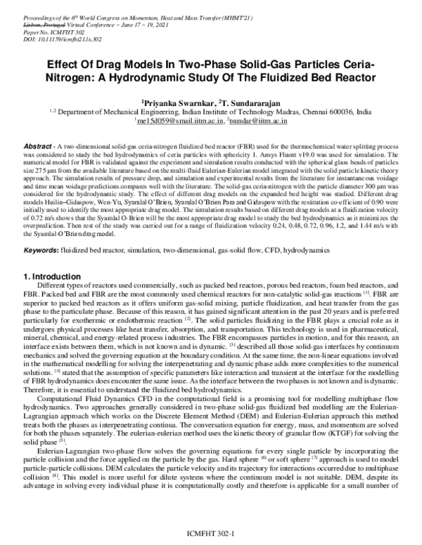 Effect Of Drag Models In Two-Phase Solid-Gas Particles Ceria-Nitrogen: A Hydrodynamic Study Of ...