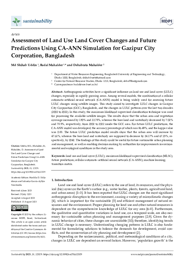 (PDF) Assessment of Land Use Land Cover Changes and Future Predictions Using CA-ANN Simulation ...
