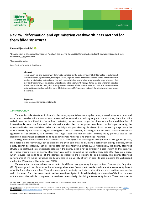 (PDF) Review: deformation and optimisation crashworthiness method for foam filled structures