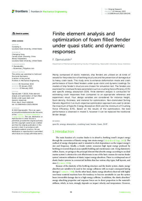 (PDF) Finite element analysis and optimization of foam filled fender under quasi static and ...