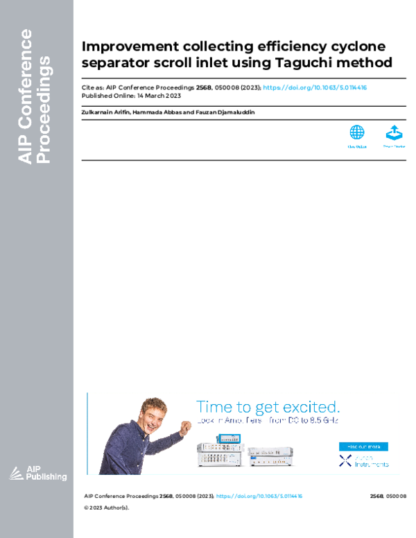 (PDF) Improvement collecting efficiency cyclone separator scroll inlet using Taguchi method