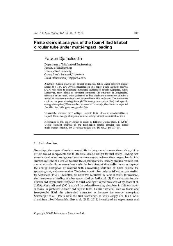 (PDF) Finite element analysis of the foam-filled bitubal circular tube under multi-impact loading