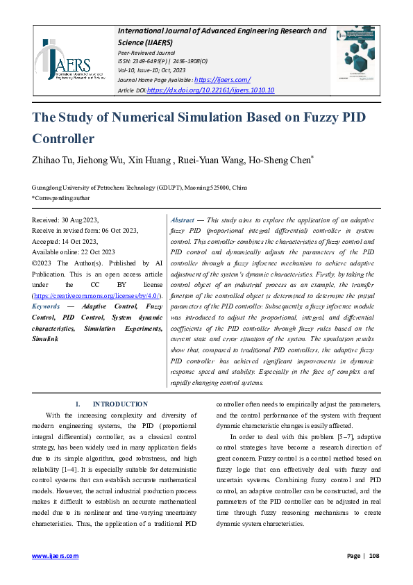 (PDF) The Study of Numerical Simulation Based on Fuzzy PID Controller (PDF) The Study of Numerical Simulation Based on Fuzzy PID Controller
