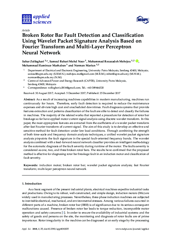 Pdf Broken Rotor Bar Fault Detection And Classification Using Wavelet Packet Signature