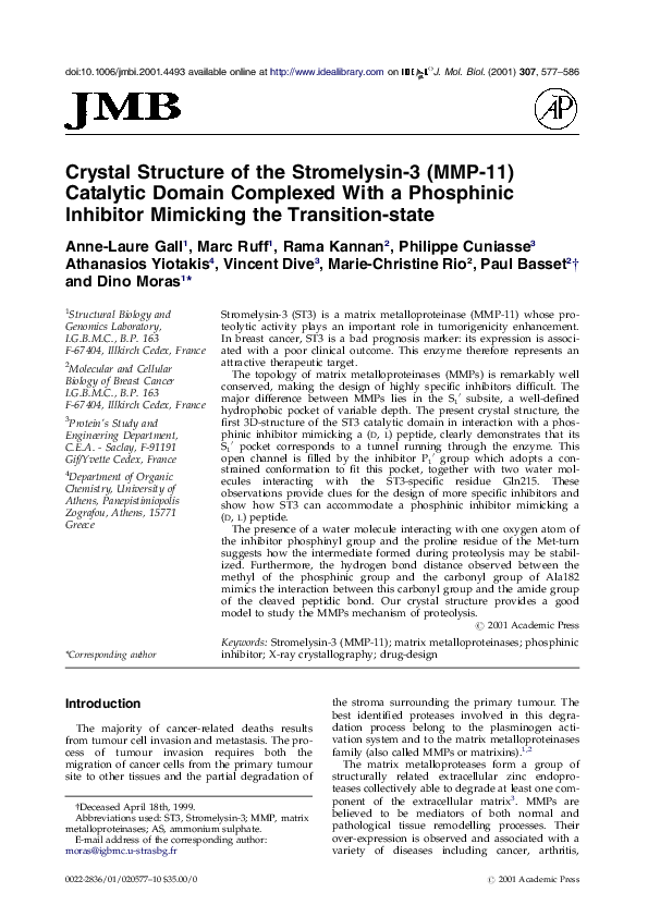 (PDF) Crystal Structure of the STROMELYSIN-3 (MMP-11) Catalytic Domain ...