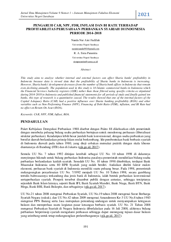 (PDF) Pengaruh CAR, NPF, FDR, Inflasi dan BI Rate terhadap Profitabilitas Perusahaan Perbankan ...