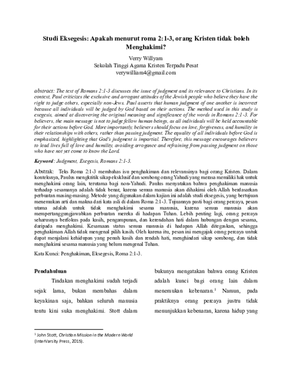 (PDF) Studi Eksegesis: Apakah menurut roma 2:1-3, orang Kristen tidak boleh Menghakimi