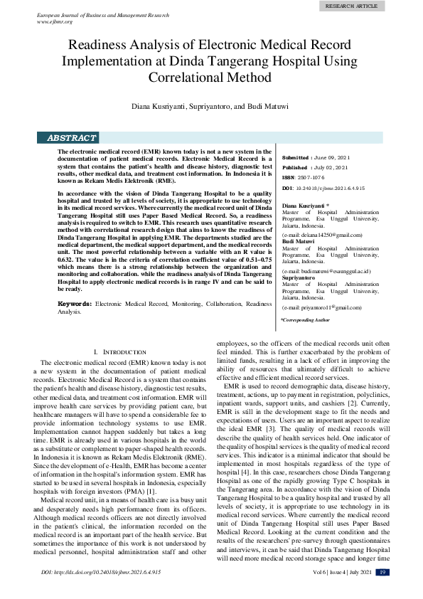 (PDF) Readiness Analysis of Electronic Medical Record Implementation at Dinda Tangerang Hospital ...