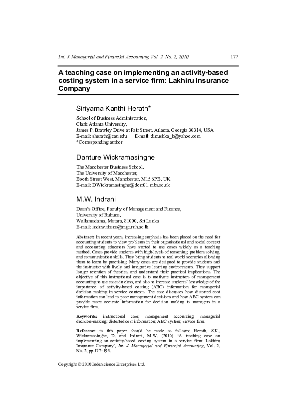 (PDF) A teaching case on implementing an activity-based costing system ...