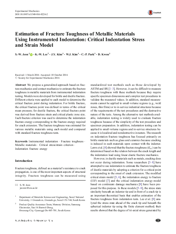 (PDF) Estimation of Fracture Toughness of Metallic Materials Using Instrumented Indentation ...