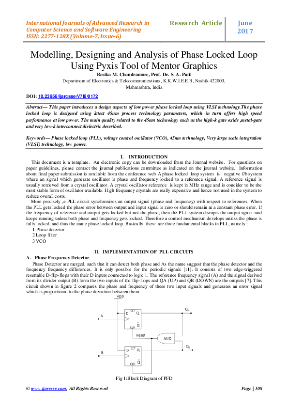(PDF) Modelling, Designing and Analysis of Phase Locked Loop Using Pyxis Tool of Mentor Graphics