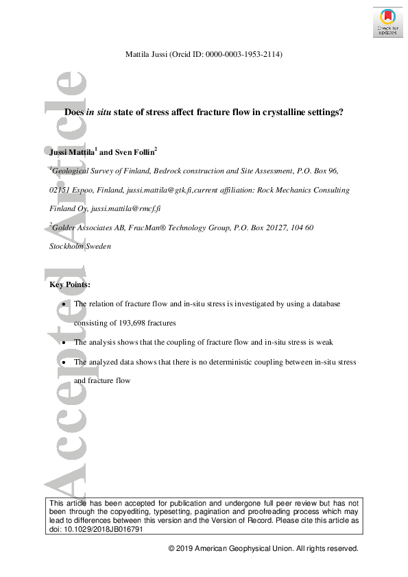 Pdf Does In Situ State Of Stress Affect Fracture Flow In Crystalline Settings