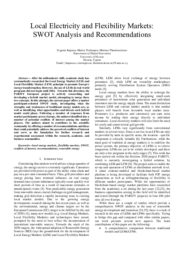 (PDF) Local Electricity and Flexibility Markets: SWOT Analysis and ...