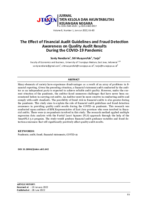 (PDF) The Effect of Financial Audit Guidelines and Fraud Detection Awareness on Quality Audit ...
