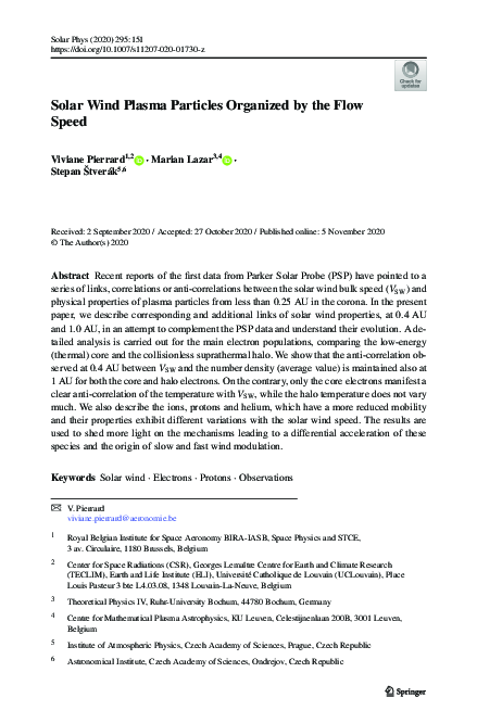 (PDF) Solar Wind Plasma Particles Organized by the Flow Speed