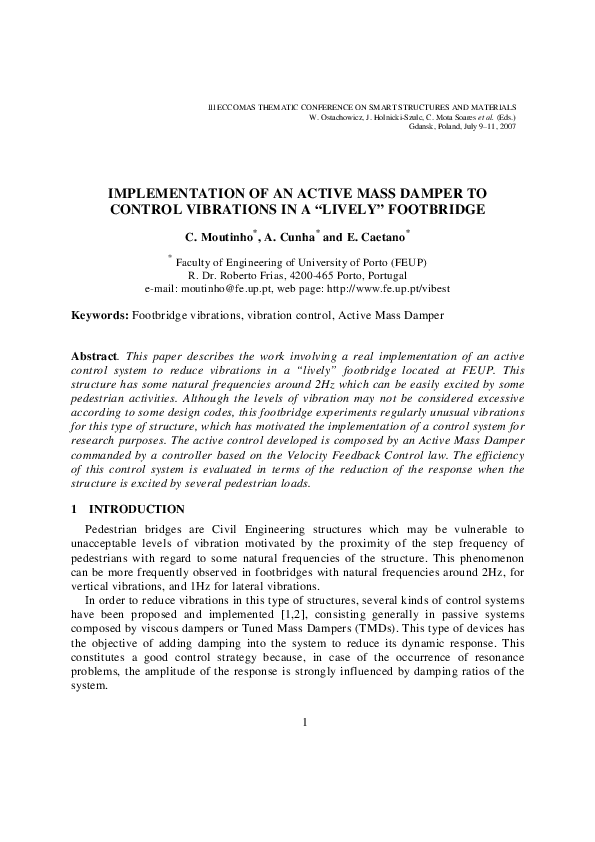Pdf Active Mass Damper Implementation For Footbridge Vibration Control