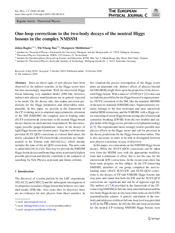 (PDF) One-loop corrections to the two-body decays of the neutral Higgs bosons in the complex NMSSM