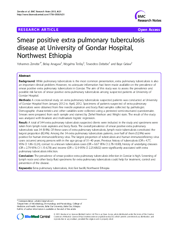 (PDF) Smear positive extra pulmonary tuberculosis disease at University of Gondar Hospital ...