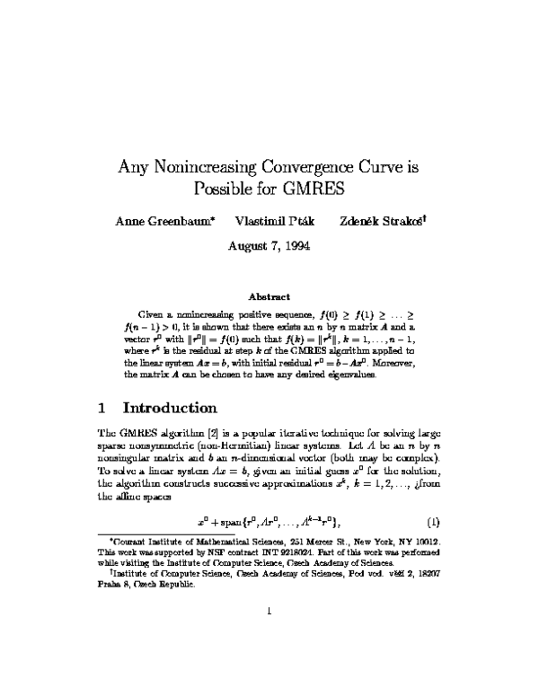 (PDF) Any Nonincreasing Convergence Curve is Possible for GMRES