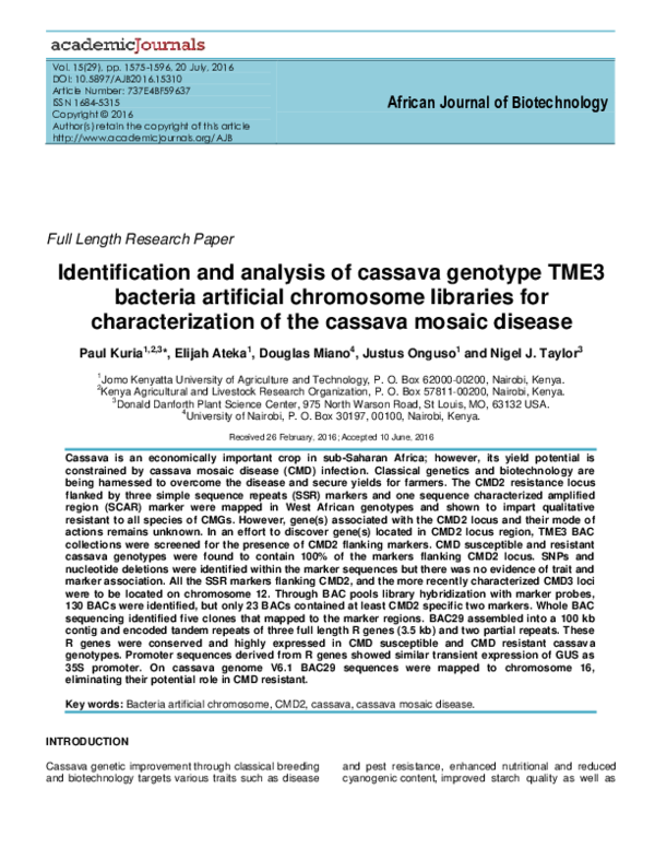 (PDF) Identification and analysis of cassava genotype TME3 bacteria ...