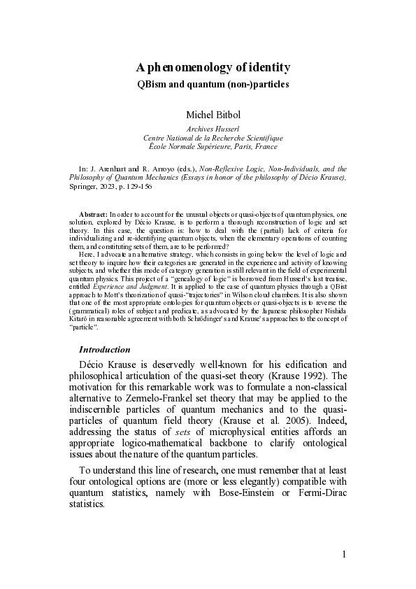 (PDF) A PHENOMENOLOGY OF IDENTITY. QBism and Quantum (non-)Particles