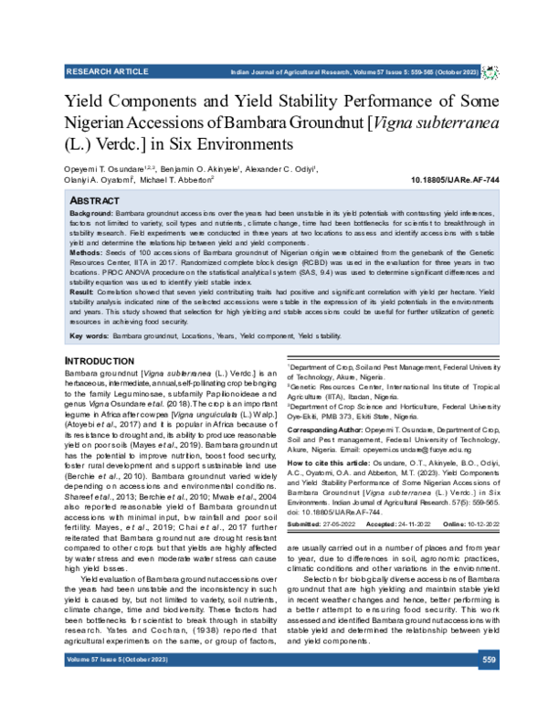 (PDF) Yield Components and Yield Stability Performance of Some Nigerian ...