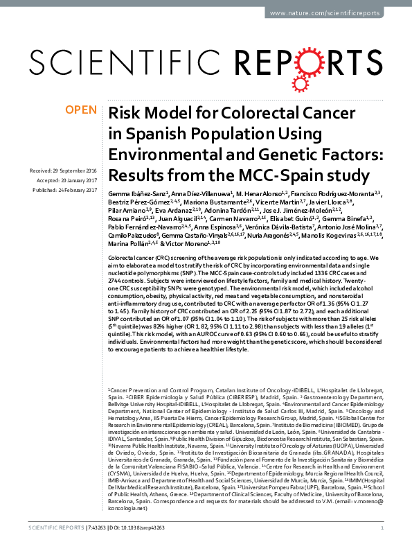 (PDF) Colorectal Cancer Risk Model in Spain
