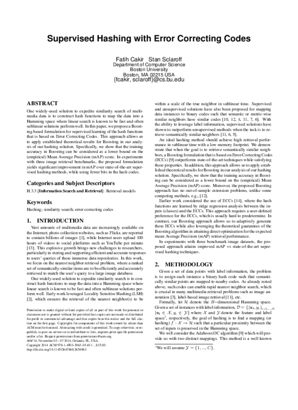 (PDF) Supervised hashing with error correcting codes
