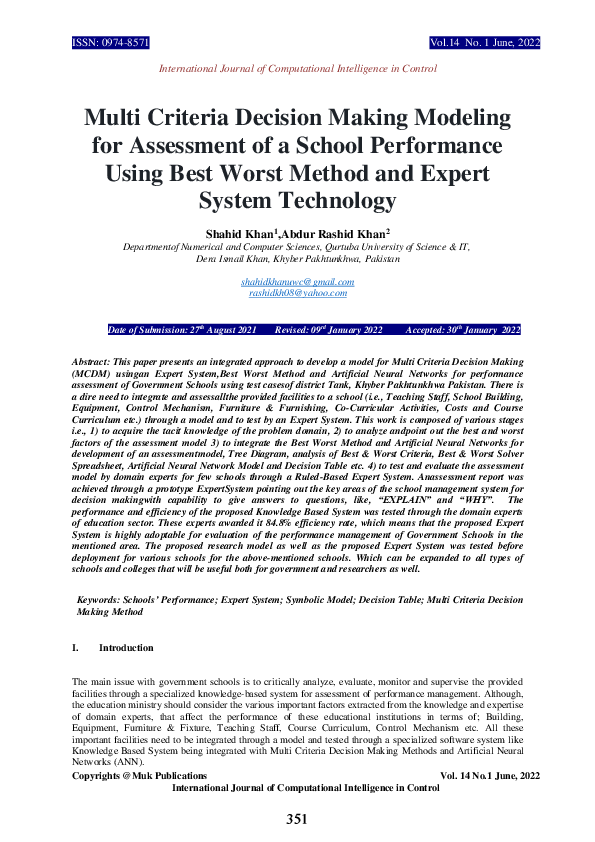 (PDF) Multi Criteria Decision Making Modeling for Assessment of a School Performance Using Best ...